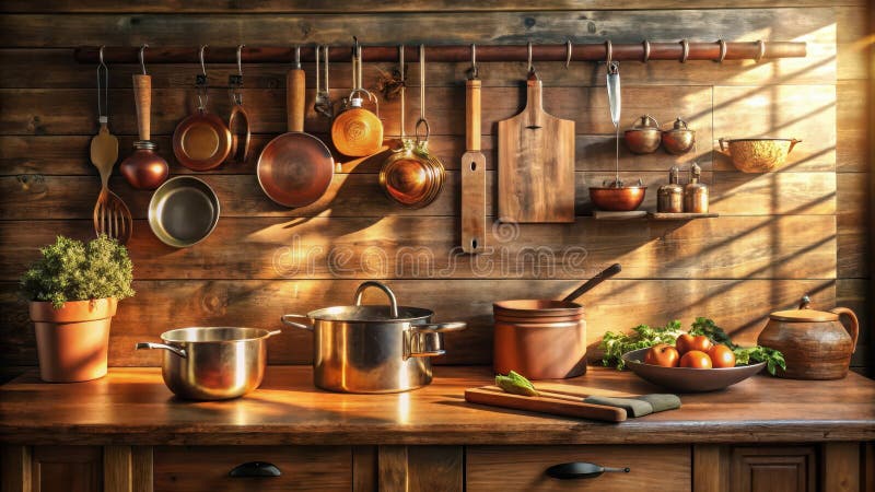 Rustic Kitchen Countertop with Copper Cookware and Wooden Accents in ...