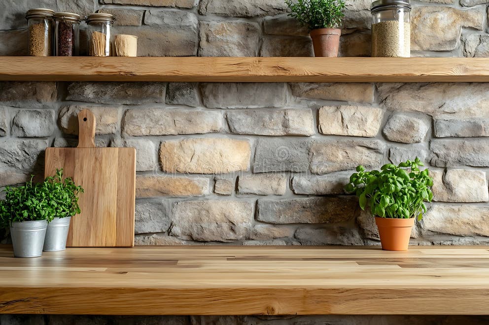 Rustic Kitchen Countertop with Wooden Shelf and Stone Wall Stock ...
