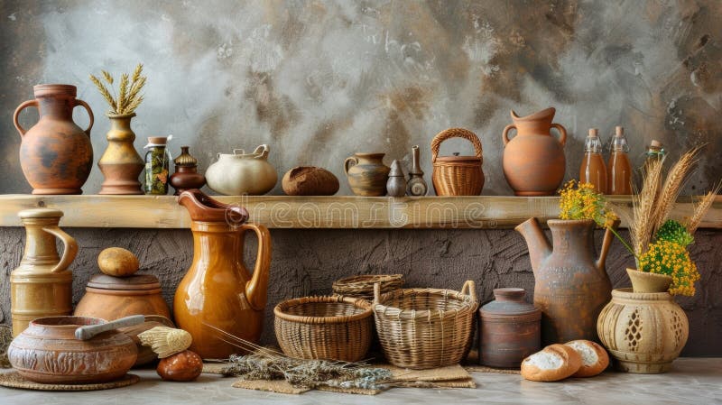 Rustic Kitchen Decor with Ceramic Pottery Stock Photo - Image of earthy ...