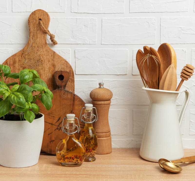 Rustic Kitchen Decor with Herb and Utensils Stock Image - Image of ...