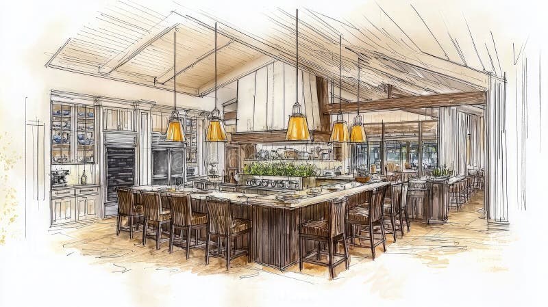 Rustic Kitchen Design, Island Seating, High Ceiling, Natural Light ...