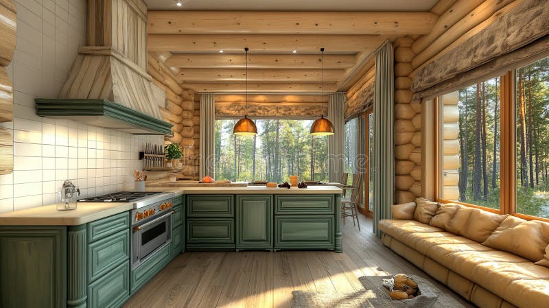 Rustic Kitchen Design, Log Cabin, Forest View, Sunlight, Interior ...