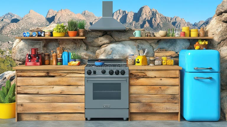 Rustic Kitchen Design, Range, Refrigerator, & Mountain View Stock Photo ...
