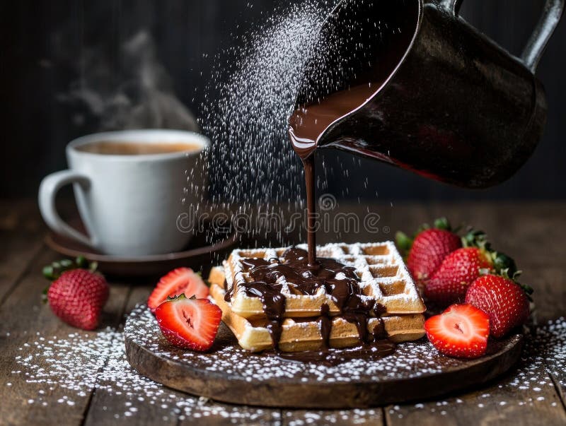 Rustic Kitchen Dessert Scene with Melted Chocolate and Waffles for ...
