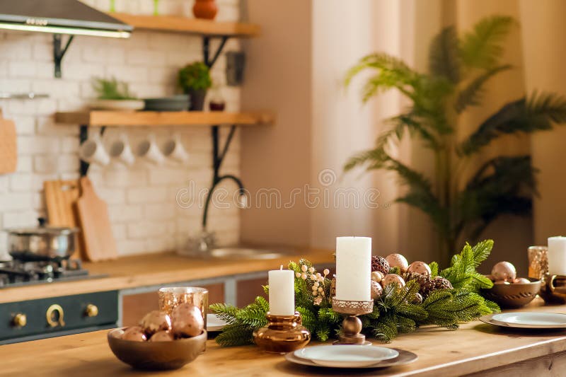 Rustic Kitchen Details for Christmas. Rustic Kitchen Table Setting and ...