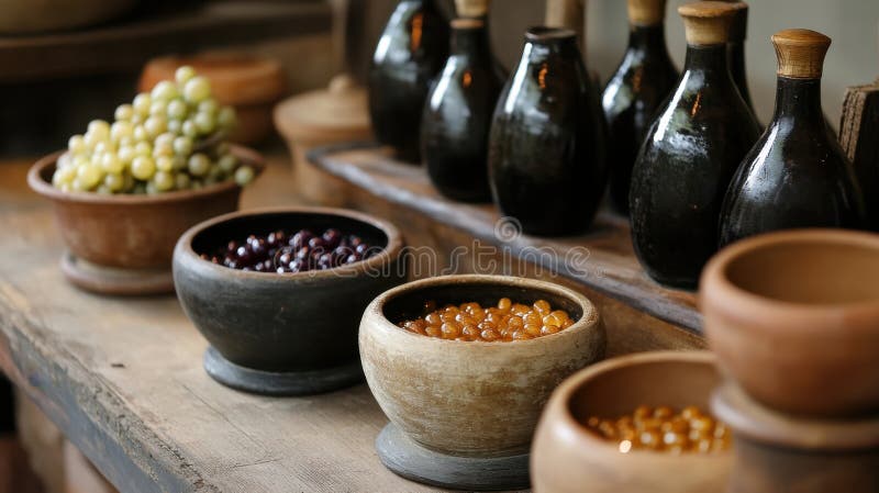 Rustic Kitchen Display with Ceramic Bowls and Bottles Stock ...