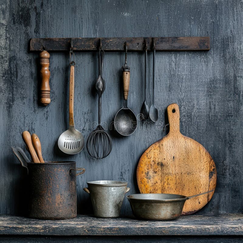 A Rustic Kitchen Display Featuring Wooden and Metal Utensils Hanging ...