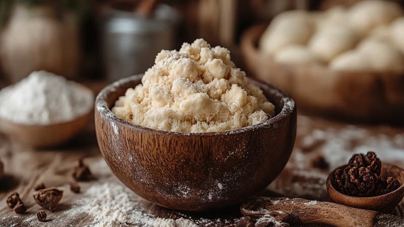 Rustic Kitchen Dough Bowl, Flour, Spices, Baking Stock Photo - Image of ...