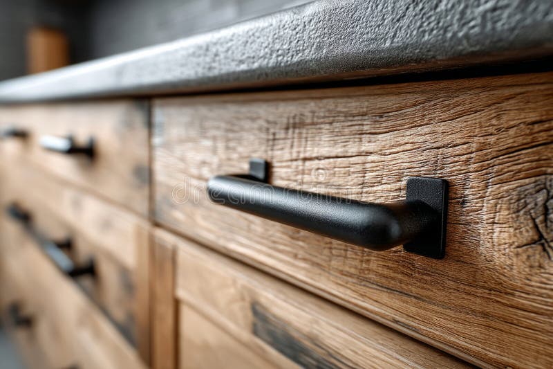 Rustic Kitchen Drawer with Matte Metal Pull Handle Detail Stock Photo ...