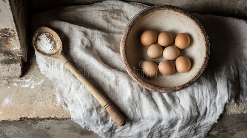 Rustic Kitchen Eggs, Flour, Baking Prep Stock Photo - Image of ...