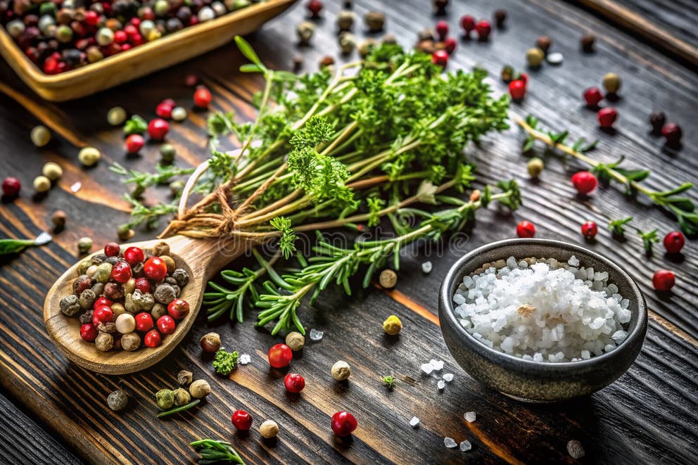 Rustic Kitchen Essentials a Culinary Composition of Fresh Thyme Salt ...