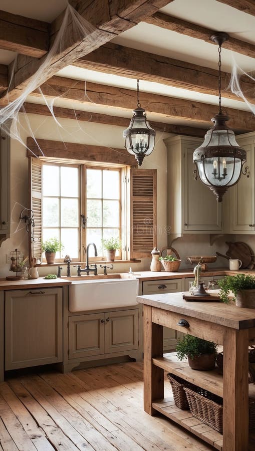 Rustic Kitchen with Exposed Beams and Farmhouse Sink Stock Illustration ...