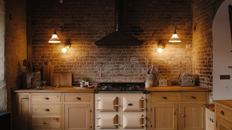 Rustic Kitchen with Exposed Brick, Range Cooker Stock Image - Image of ...
