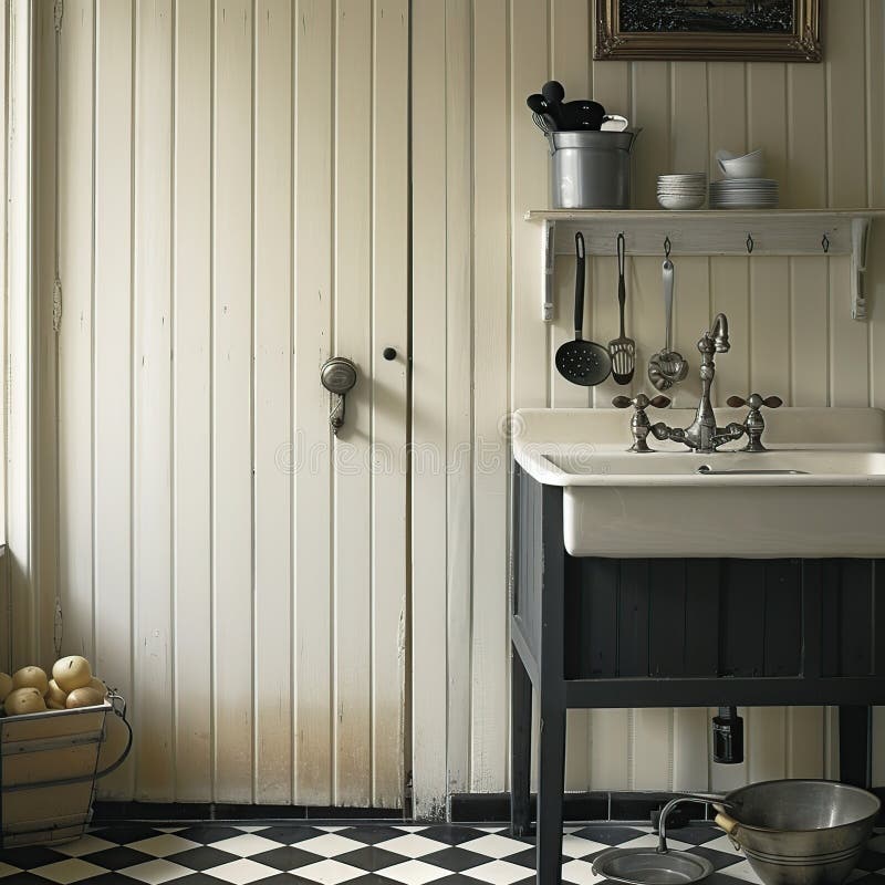 Rustic Kitchen with Farmhouse Sink, Wood Paneling, and Checkered Floor ...
