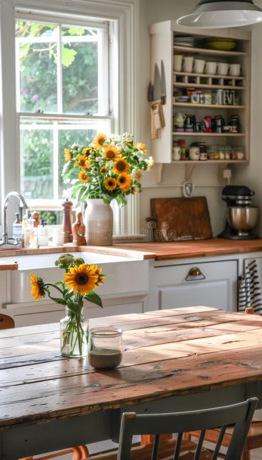 Rustic Kitchen Decorated with Sunflowers, Perfect for Bright and Airy ...
