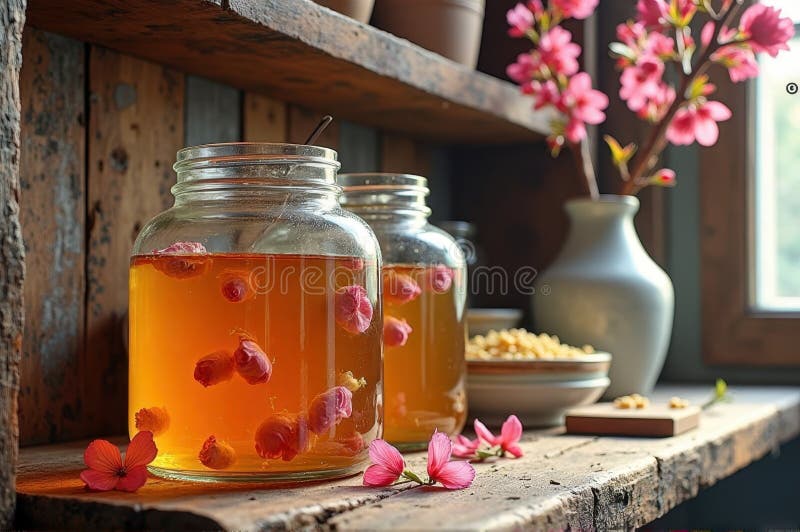 Rustic Kitchen with Fermented Tea and Pink Flower Decor Stock Image ...
