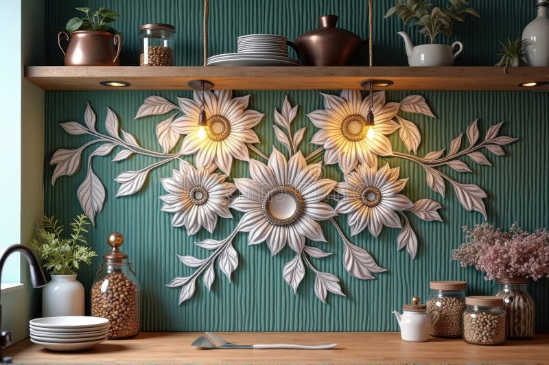 Rustic Kitchen with Floral Wall Decor and Wooden Shelves Stock Photo ...