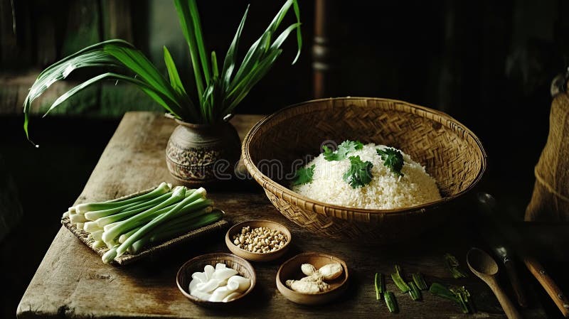 Rustic Kitchen, Fragrant Rice, Herbs, Preparing Meal Stock Photo ...