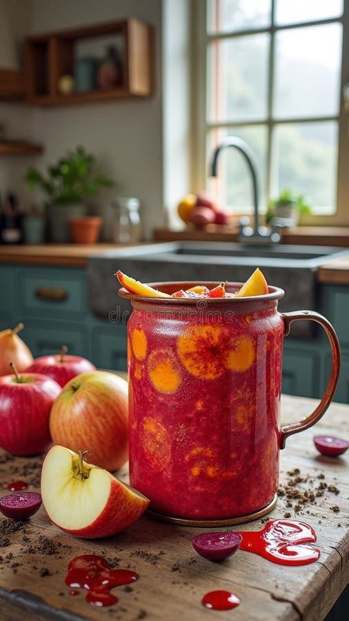 Rustic Kitchen with Fresh Apples and Refreshing Red Fruit Drink in Cozy ...