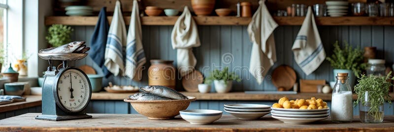 Rustic Kitchen with Fresh Fish and Vegetables on Wooden Counter Stock ...