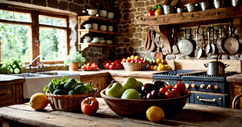 Rustic Kitchen with Fresh Produce Stock Photo - Image of harvest ...