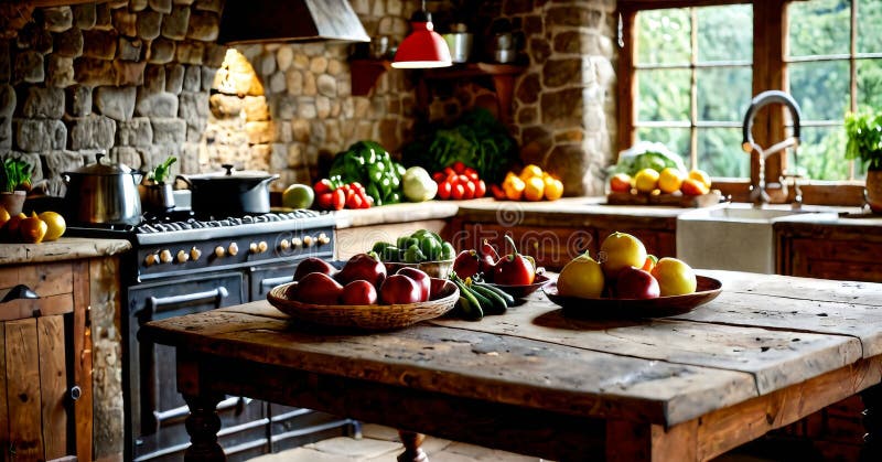 Rustic Kitchen with Fresh Produce Stock Image - Image of gourmet, cozy ...