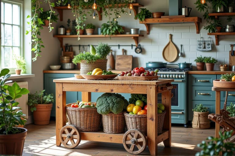 Rustic Kitchen with Fresh Vegetables on Wooden Cart in Sunlit Interior ...