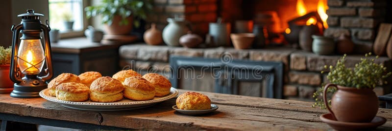 Rustic Kitchen with Freshly Baked Scones on Wooden Table Near Fireplace ...