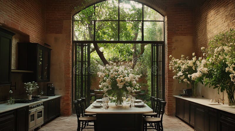 Rustic Kitchen, Garden View, Dining Table, Flowers, Sunlight Stock ...