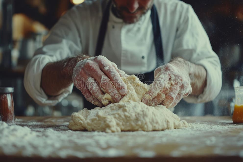 In a Rustic Kitchen, Hands Press Dough on a Surface Dusted with Flour ...