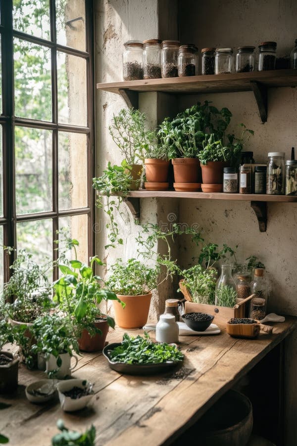 Rustic Kitchen Herb Garden: Fresh Indoor Plants by Sunlit Window. Stock ...