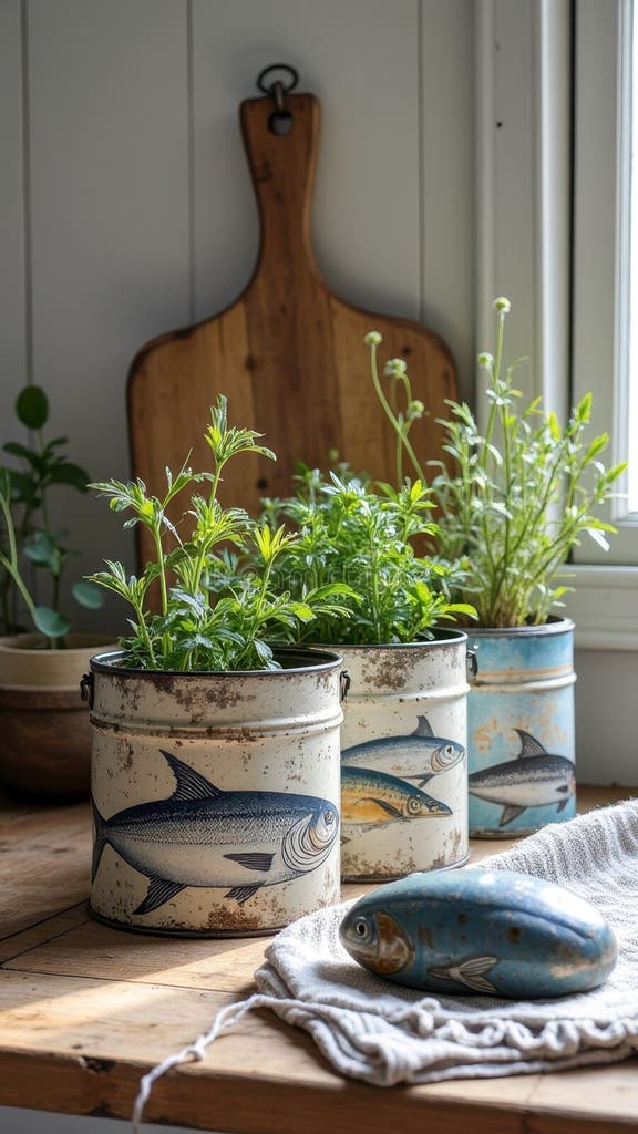 Rustic Kitchen Herb Garden with Vintage Fish Decor by Sunlit Window ...