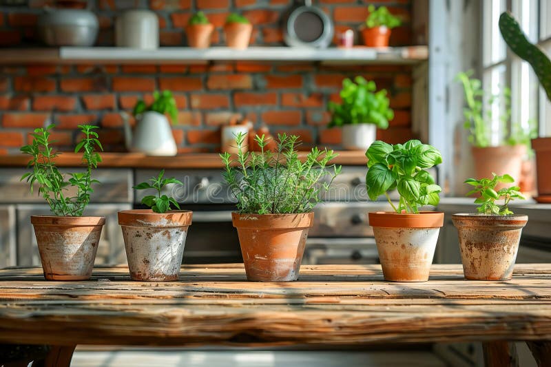 Rustic Kitchen Herb Pots. AI Generated Stock Photo - Image of plant ...