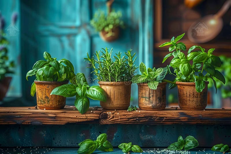 Rustic Kitchen Herb Pots. AI Generated Stock Image - Image of herb ...
