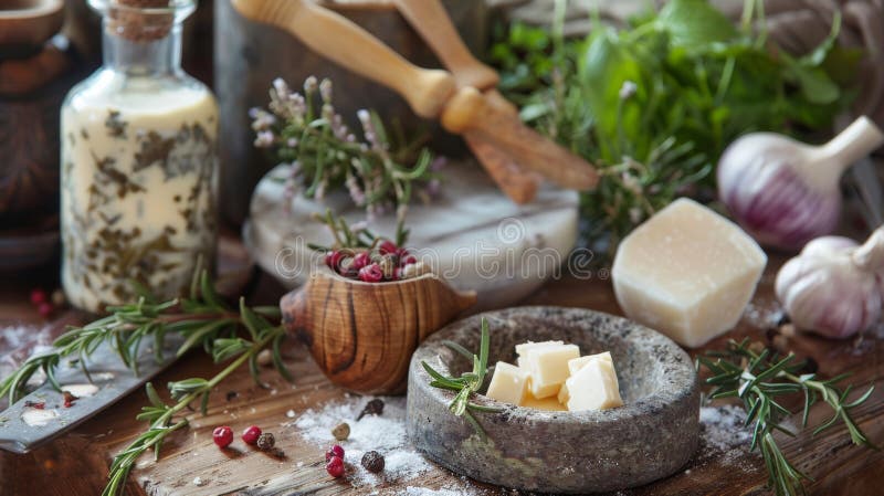 Rustic Kitchen with Herbs, Cheese, and Spices on Wooden Table Stock ...