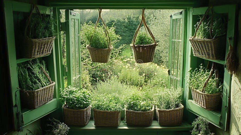 Rustic Kitchen Herbs Hanging Window Garden View Stock Photo - Image of ...