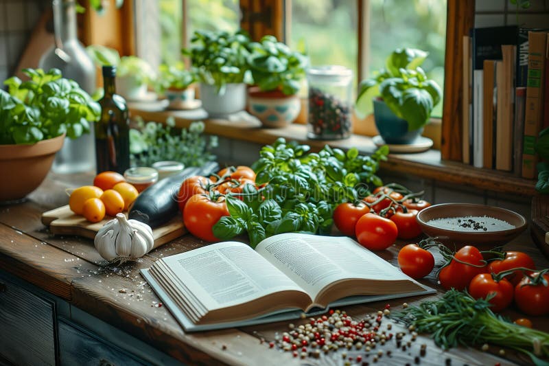 Rustic Kitchen with Herbs and Open Cookbook Stock Image - Image of ...