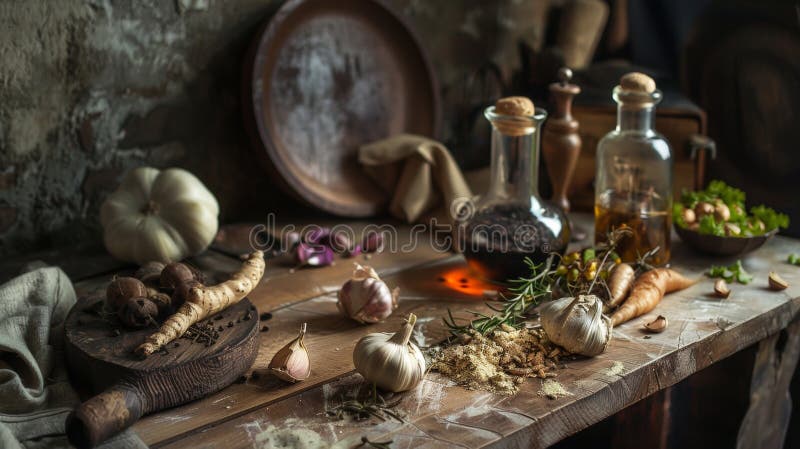 Rustic Kitchen Herbs and Spices on Wooden Table Stock Image - Image of ...