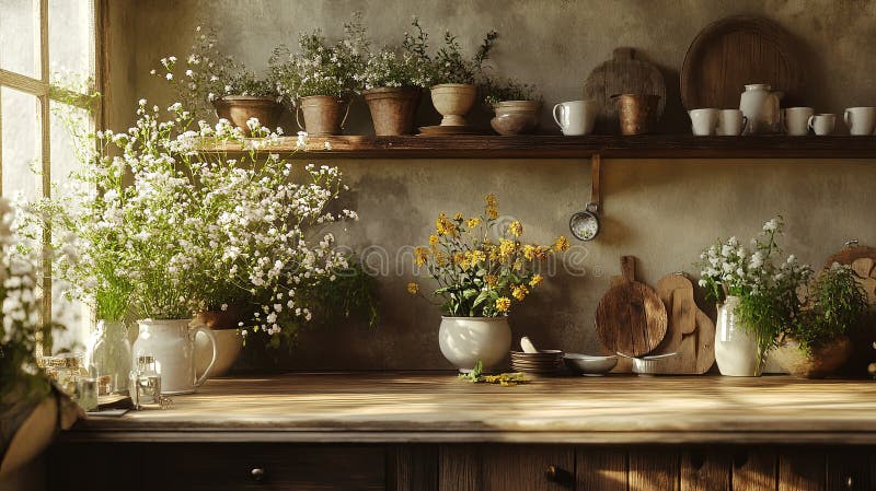 Rustic Kitchen with Herbs and Wildflowers. Stock Image - Image of ...