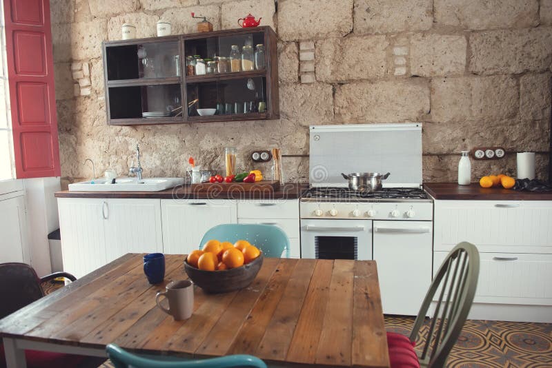Rustic Kitchen in a Home with Its Appliances Stock Photo - Image of ...