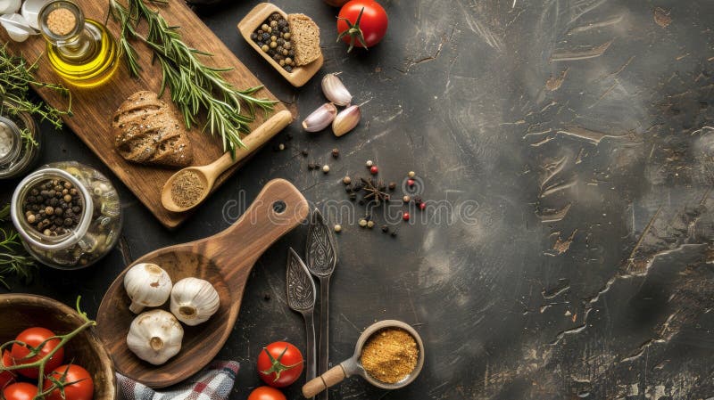 Rustic Kitchen Ingredients Arranged on a Dark Background Stock Photo ...