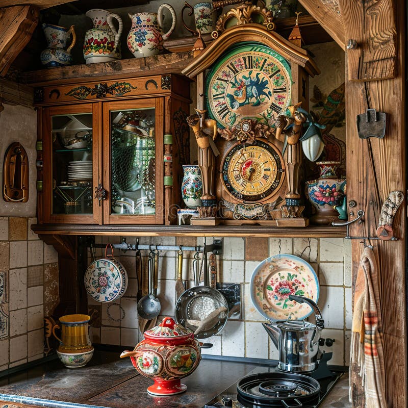 Rustic Kitchen Interior with Antique Clock, Pottery, and Cookware Stock ...