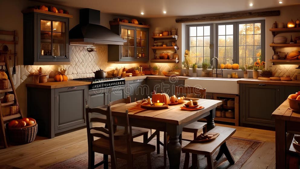 Rustic Kitchen Interior with Autumn Decoration Stock Illustration ...
