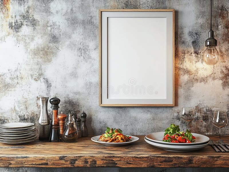 Rustic Kitchen Interior with Blank Frame Mockup, Dining Scene, Food ...