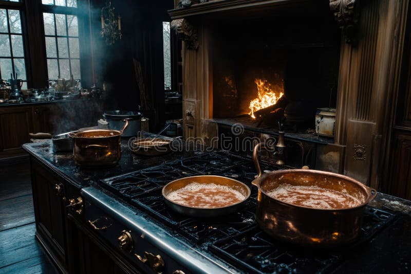 Rustic Kitchen Interior with Copper Pots on Stove and Open Fireplace ...