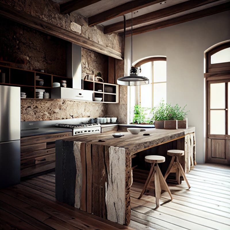 Rustic Kitchen Interior Design Stock Illustration - Illustration of ...