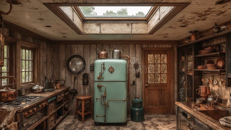 Rustic Kitchen Interior Design with Antique Refrigerator and Wood ...