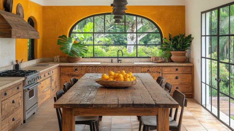 Rustic Kitchen Interior Design with Yellow Walls and Wooden Table Stock ...