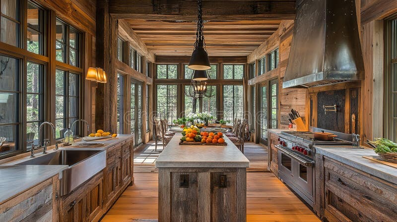 Rustic Kitchen Interior Featuring Wooden Elements, Large Windows, and ...