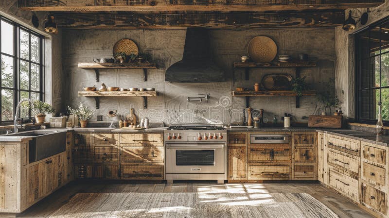 Rustic Kitchen Interior with Modern Appliances and Sunlight Stock Photo ...